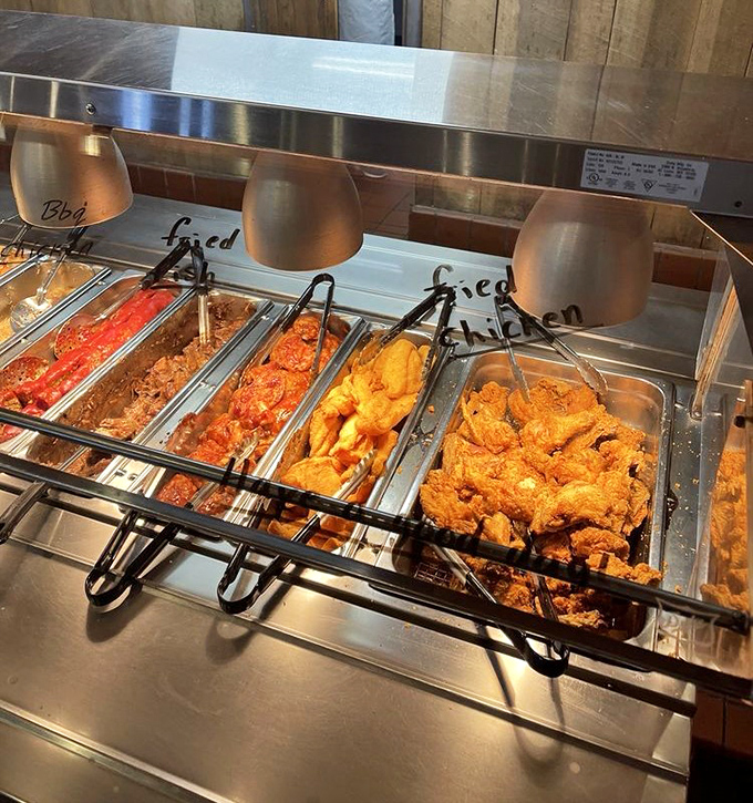 The buffet line at Gasthof isn't just food service&mdash;it's a parade of comfort classics where fried chicken reigns as grand marshal.