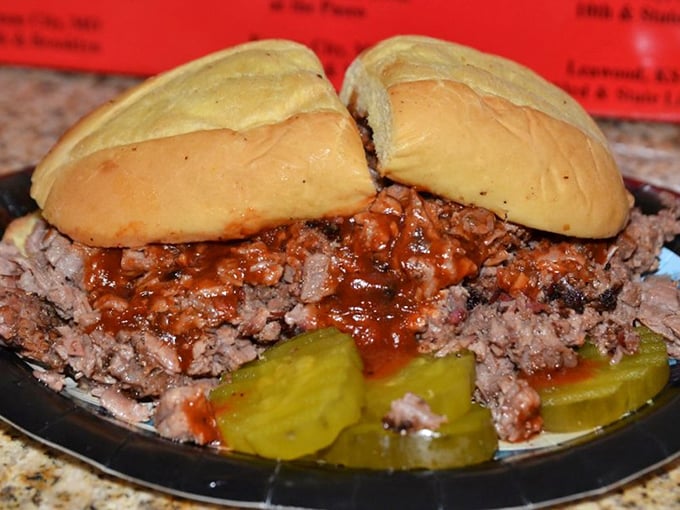 The burnt ends sandwich&mdash;Kansas City's gift to humanity&mdash;sits on a throne of pickles, its smoky, caramelized edges practically begging you to ignore your table manners. 