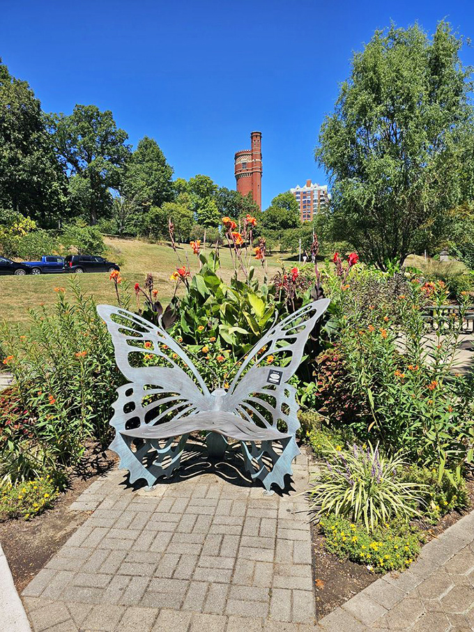 This whimsical butterfly bench isn't just functional art&mdash;it's the perfect selfie spot with Cincinnati's iconic water tower standing guard behind.