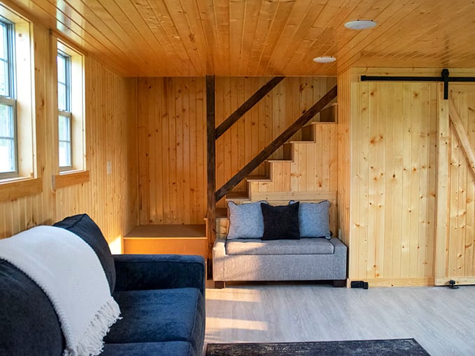 Rustic luxury redefined. Warm pine walls and modern furnishings create a space that says "yes, you're on a farm, but your back won't know it."