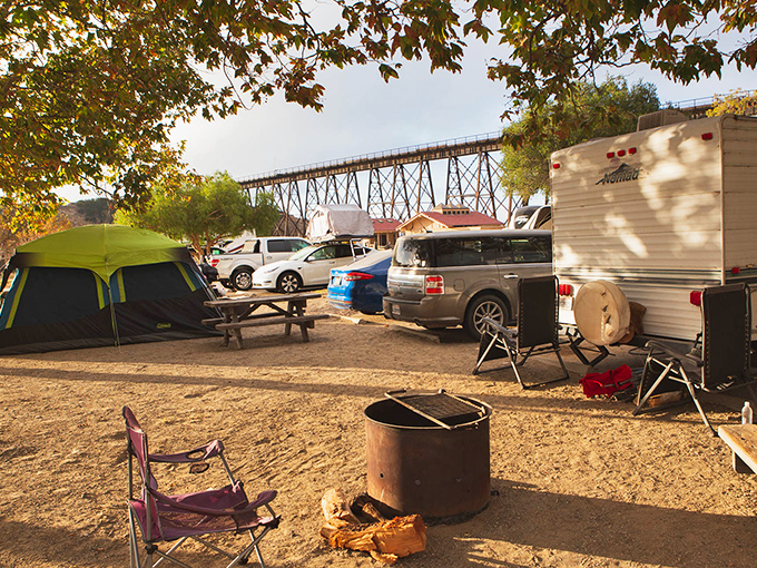 The railroad trestle overhead reminds you that some of California's best infrastructure knew what it was doing back then.