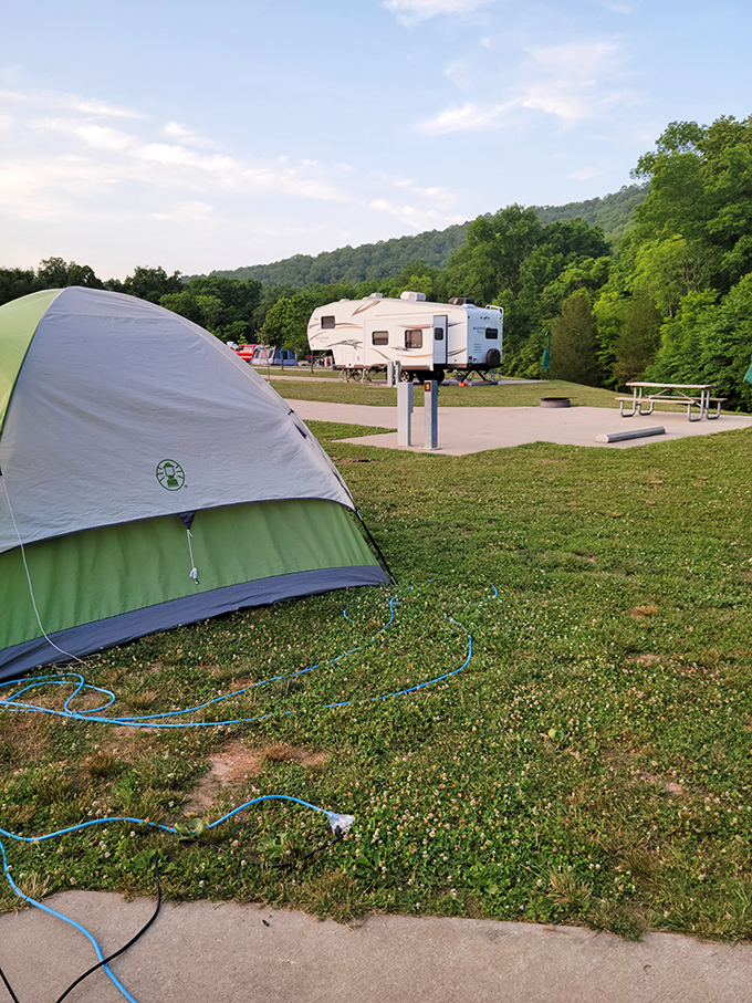 Well-maintained campsites prove that "roughing it" at Echo Bluff can still include level ground and convenient hookups. Glamping, Ozark style!
