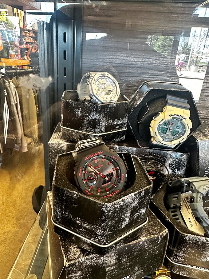 G-Shock watches displayed like treasure, proving that even in the smartwatch era, there's something satisfying about a timepiece that could survive being run over by your snowblower.
