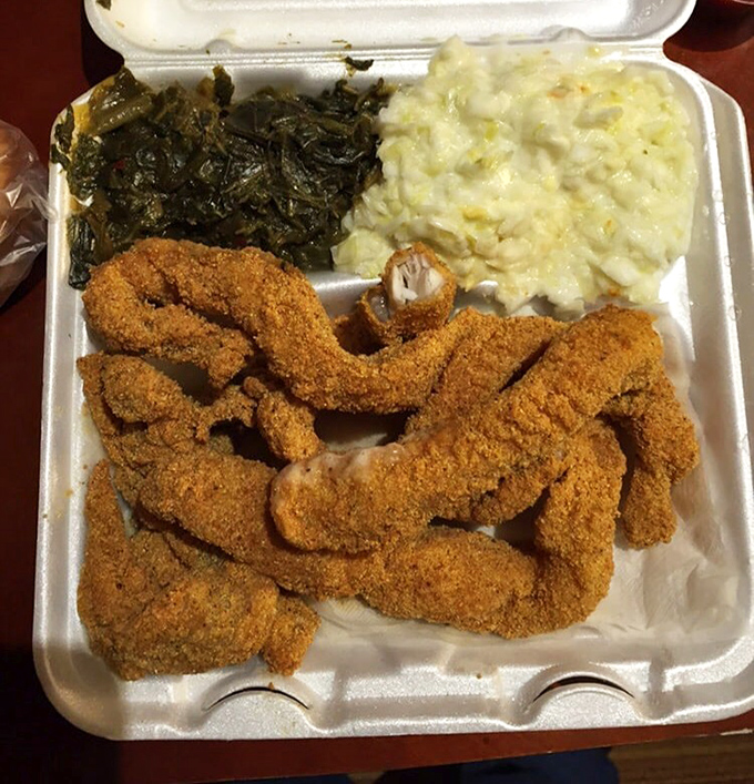 Catfish strips achieving that impossible perfect crunch while staying tender inside &ndash; this is the platonic ideal.