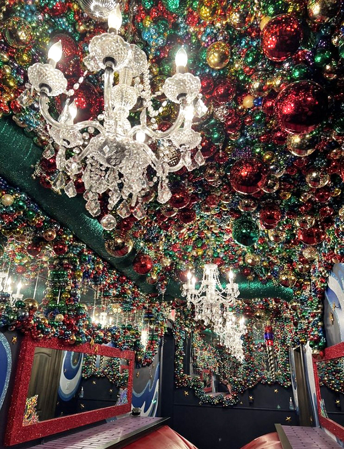 Look up! The ceiling's ornament-and-chandelier extravaganza makes you feel like you're inside a Christmas snow globe that's been shaken by an enthusiastic giant.