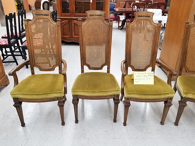 These cane-back chairs with velvet cushions bring serious dining room elegance without the serious dining room price tag attached.