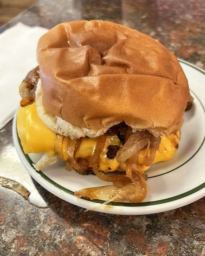 This isn't just a cheeseburger; it's a masterpiece of melted American cheese cascading over a perfectly grilled patty, nestled in a pillowy bun.
