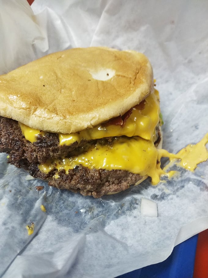 This double cheeseburger isn't trying to make the cover of a food magazine; it's too busy delivering pure, melty satisfaction.