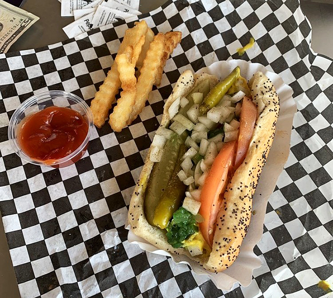 Chicago's famous hot dog architecture: a carefully engineered masterpiece where ketchup remains gloriously absent, as nature intended.