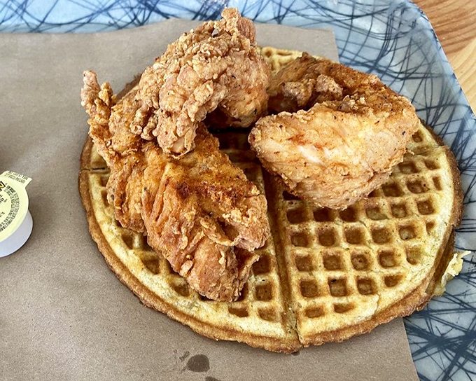 Chicken and waffles—the culinary equivalent of a perfect marriage. Crispy meets fluffy in a union that makes breakfast and dinner jealous they weren't invited.