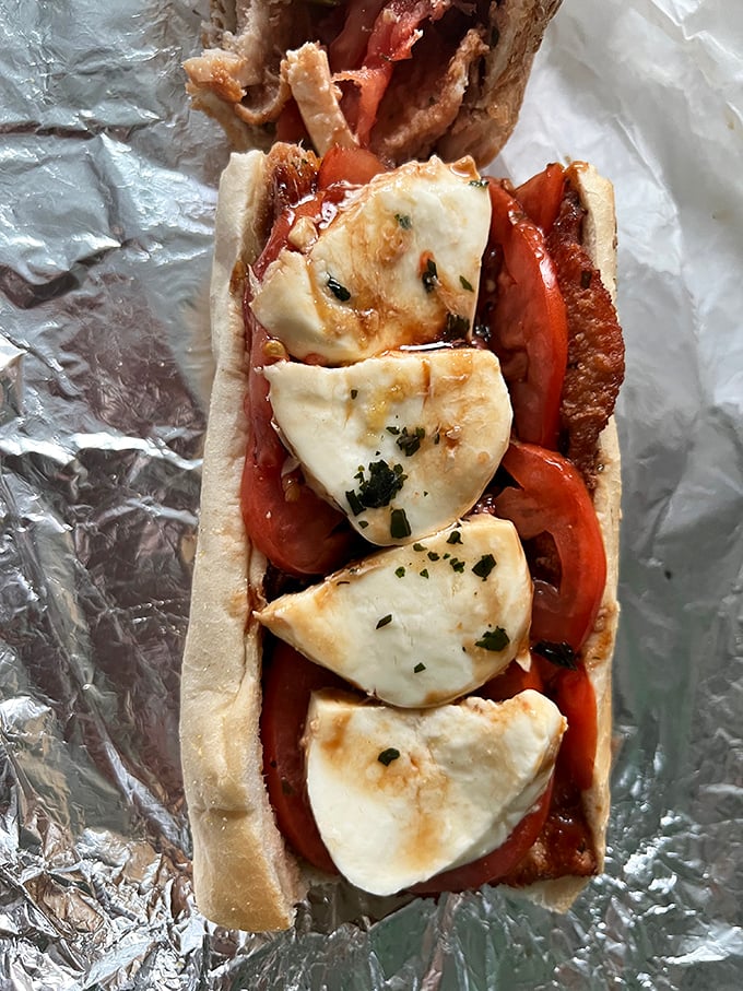Fresh mozzarella and tomato create the Italian flag in sandwich form. Like a Roman holiday without the passport or Vespa accidents.