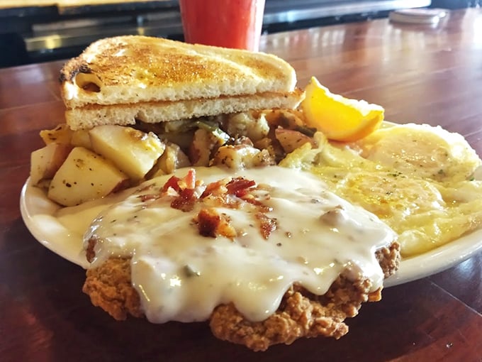 Country-fried steak smothered in gravy with a side of golden toast &ndash; comfort food that hugs your soul before it clogs your arteries.