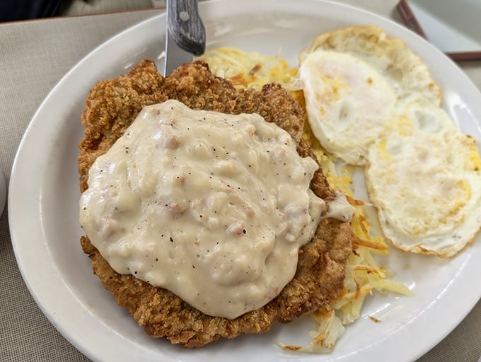 Country fried steak that could make a vegetarian weep with temptation. The gravy alone deserves a standing ovation.