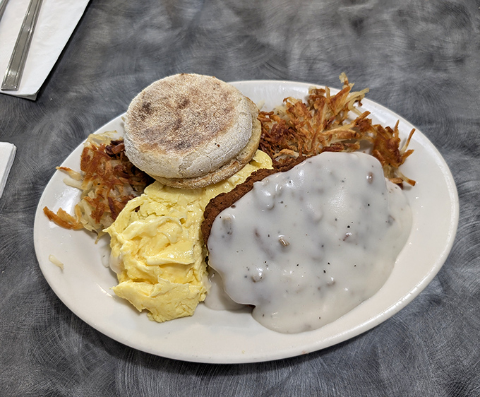 Chicken fried steak: where breakfast meets comfort food nirvana. That creamy country gravy blanket doesn't judge you for wanting breakfast at 3pm&mdash;it celebrates you.