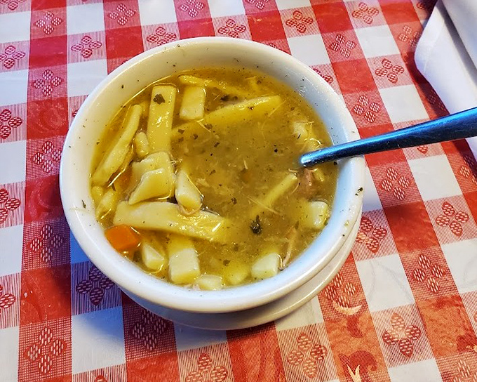 Chicken noodle soup that could make your grandmother jealous&mdash;thick, homestyle noodles swimming in broth that tastes like liquid comfort. 