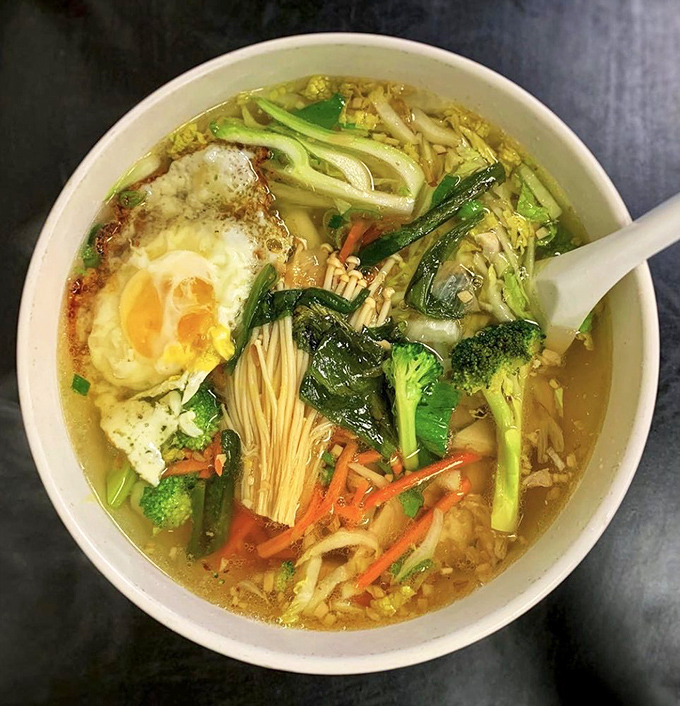 A vegetable-packed ramen that even non-veggie lovers will devour. The broth is so clear you can see your future in it—and it looks delicious.