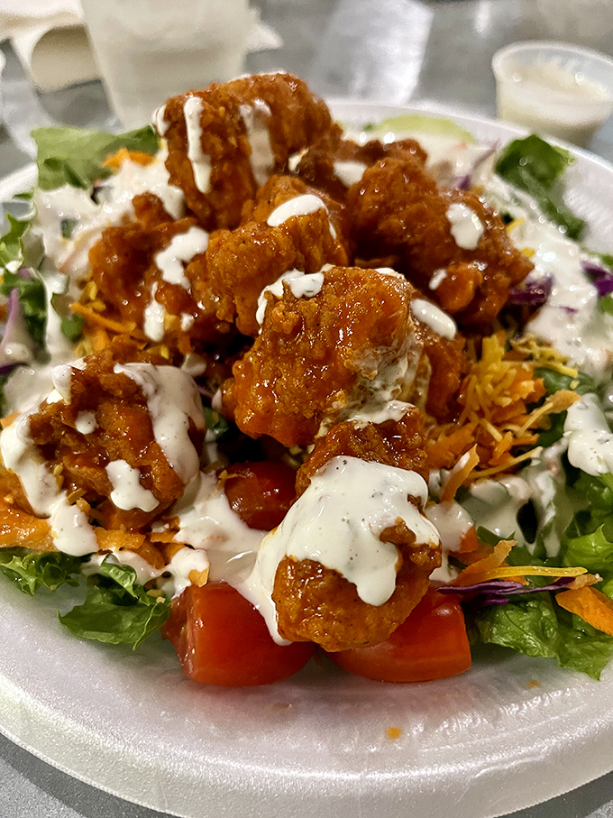 Buffalo chicken salad that solves the eternal dilemma: "I should eat healthy, but I want something fried." Why not both?