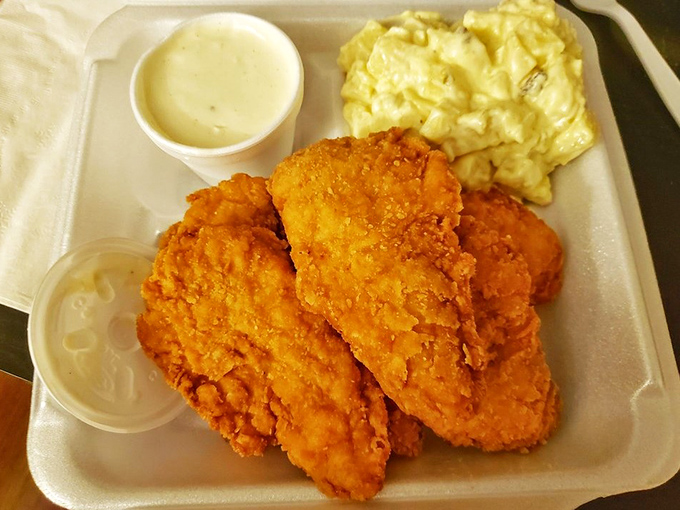 Golden-fried chicken strips that make you question why you ever bothered with fancy food. Served with creamy mashed potatoes that your grandmother would approve of.