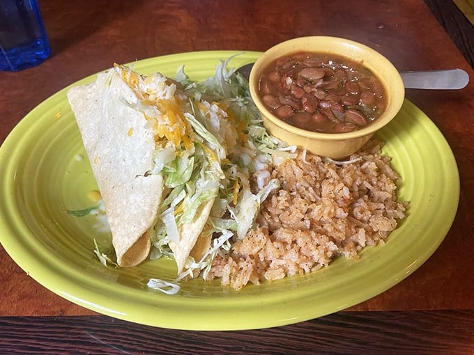 Simple yet sublime: crispy tacos, fluffy rice, and beans that didn't come from any can you've ever met.