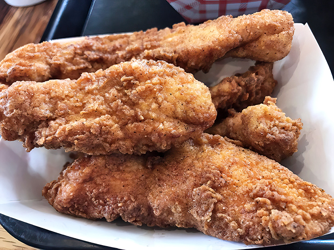 Golden-fried chicken tenders that could make the Colonel himself weep with envy. Crispy armor protecting juicy treasure within.
