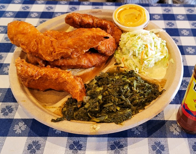 Crispy chicken, creamy coleslaw, and collard greens that would make your grandmother nod in approval. Soul food that actually feeds your soul.