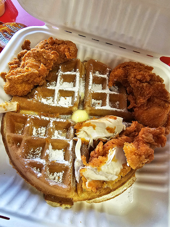 The holy matrimony of crispy chicken and fluffy waffles. A relationship counselor couldn't design a more perfect pairing.