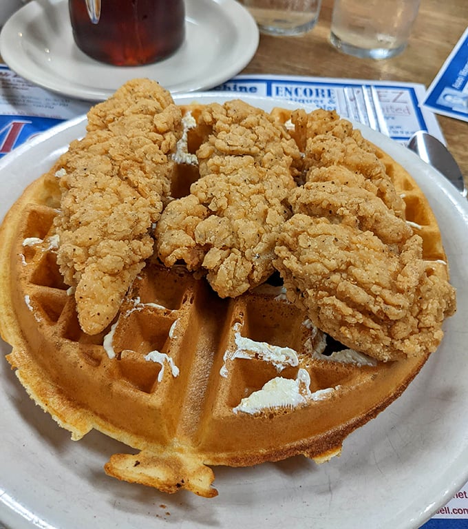 Chicken and waffles: where breakfast and dinner collide in a beautiful marriage that makes you wonder why we ever separated them.