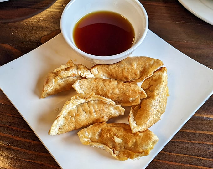 Golden-fried dumplings with the perfect crunch-to-chew ratio, ready for their ceremonial dip in that tantalizing sauce. Resistance is futile.