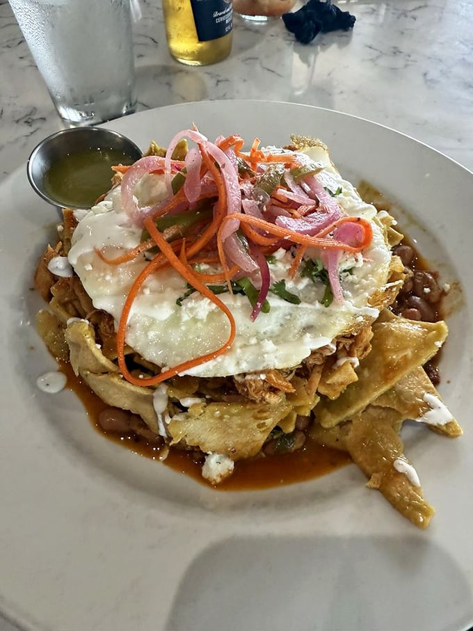 The star of the show: chilaquiles that make ordinary breakfast seem like a sad desk lunch. Those pickled onions add the perfect zing!