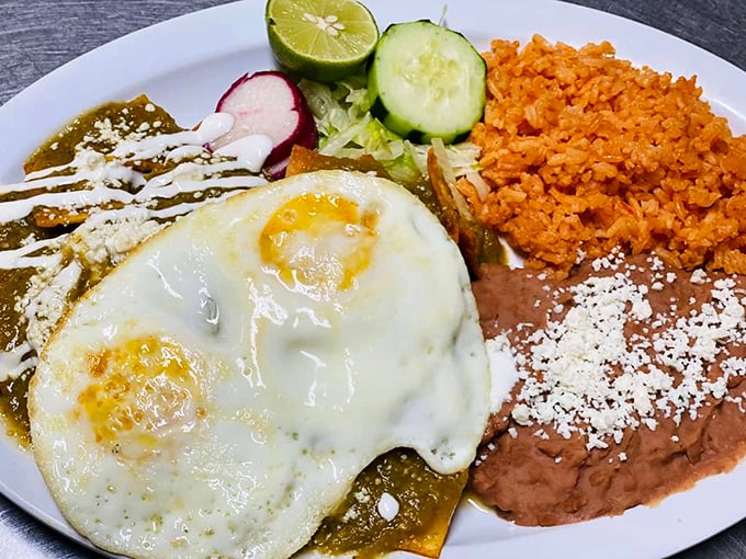 Breakfast of champions! These chilaquiles topped with perfectly fried eggs could cure any hangover or simply make your morning absolutely magnificent.