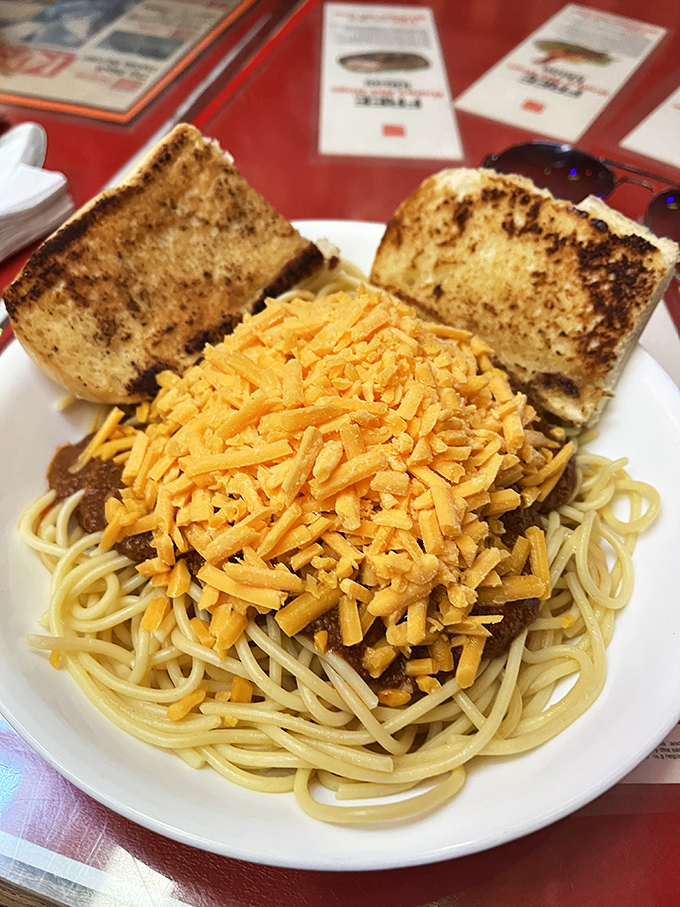 O'Betty's Way spaghetti isn't just a side dish, it's a main event. That mountain of cheese atop chili-drenched pasta makes carb-counting seem downright unpatriotic.