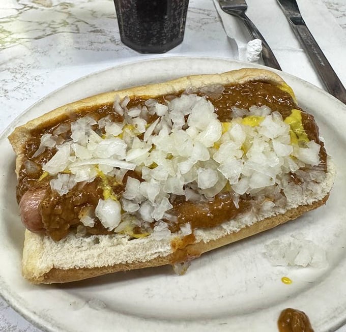The classic Detroit coney dog in its natural habitat. That perfect ratio of chili, mustard, and onions is the city's edible signature.