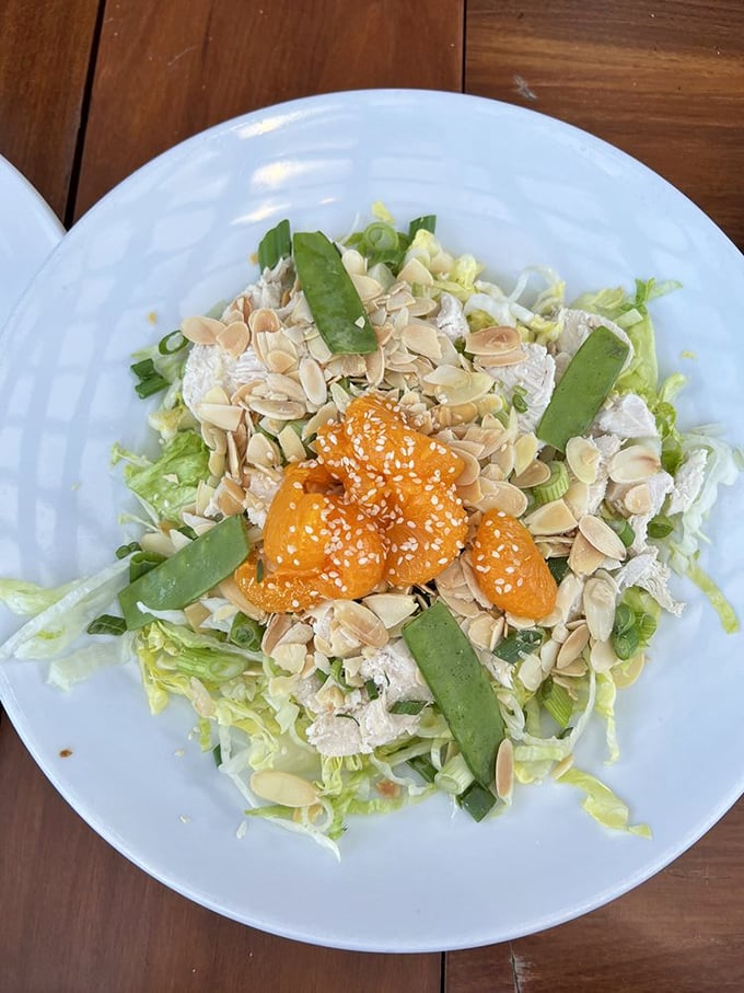 The Chinese Chicken Salad brings together crisp lettuce, tender chicken, mandarin oranges, and sliced almonds in a harmony that would make even the pickiest eater applaud.