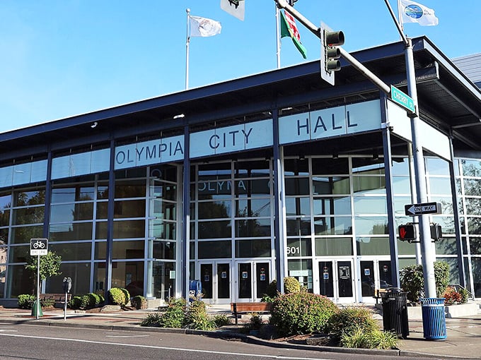 Olympia's City Hall embraces modern transparency with its glass facade&mdash;the architectural equivalent of saying "we've got nothing to hide" while looking fabulous doing it.