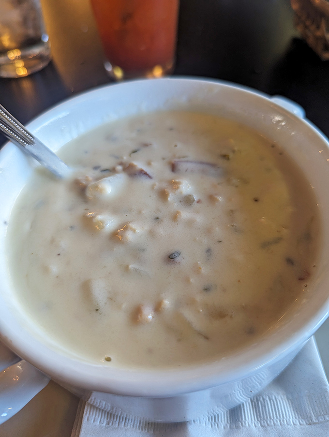 A bowl of clam chowder so creamy it should be illegal in seven states. Comfort in liquid form that warms you from the inside out.