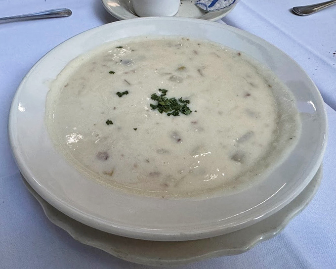 A bowl of clam chowder that would make a New Englander question their loyalty—creamy, rich, and studded with tender clams that taste of the Pacific.