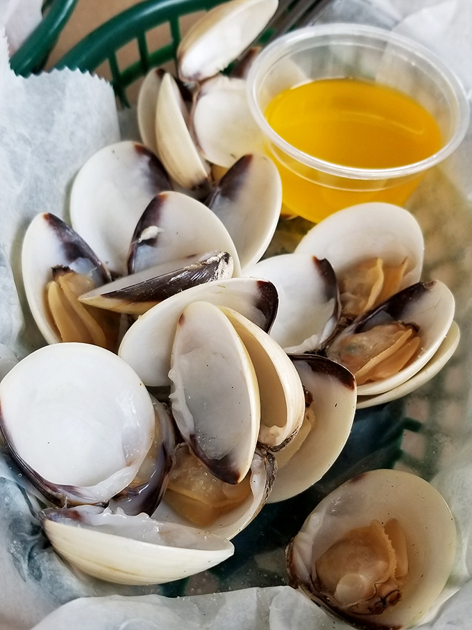 These plump, pristine clams are ocean poetry on a plate. The accompanying butter sauce is merely a supporting actor to these shellfish stars.
