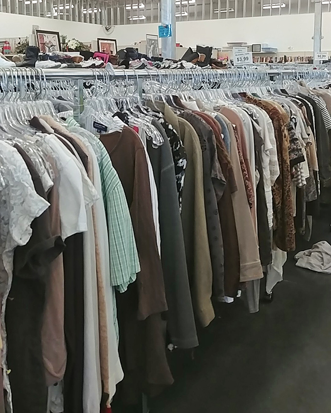The clothing section rivals department stores in variety but beats them handily in price. Each hanger holds potential for style transformation.
