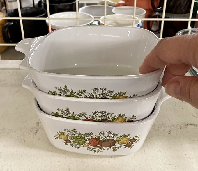Vintage Corningware with that iconic spice pattern&mdash;the Holy Grail of thrift finds. Your grandmother would be so proud.