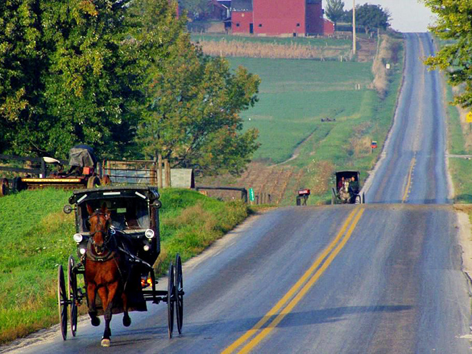 Where rush hour means yielding to a horse and buggy. This country road offers the kind of traffic jam you might actually enjoy.