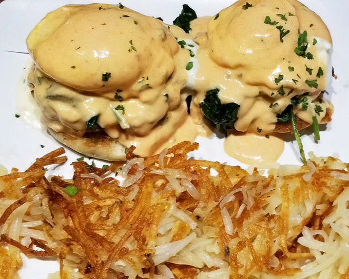 Eggs Benedict gets a coastal makeover with these crab cakes &ndash; like the prom king and queen of breakfast decided to elope to the beach.