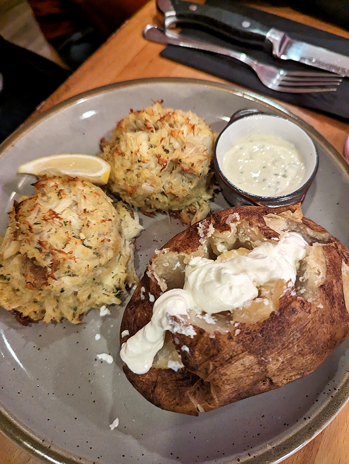 These crab cakes aren't playing games&mdash;golden-brown perfection with a loaded baked potato that's dressed for success. Maryland might get jealous.