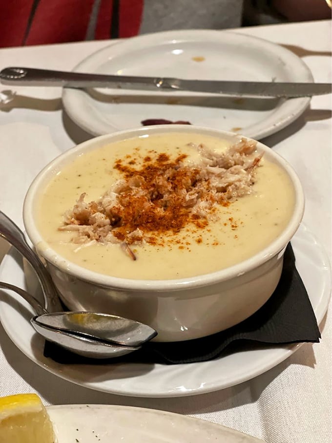 Creamy crab soup topped with a sprinkle of Old Bay&mdash;Maryland comfort in a bowl. Like a warm hug from the Chesapeake Bay itself.