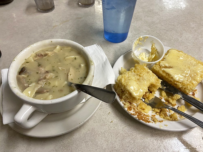 Comfort in a bowl &ndash; this creamy soup alongside golden cornbread proves that sometimes the simplest combinations deliver the most profound satisfaction.