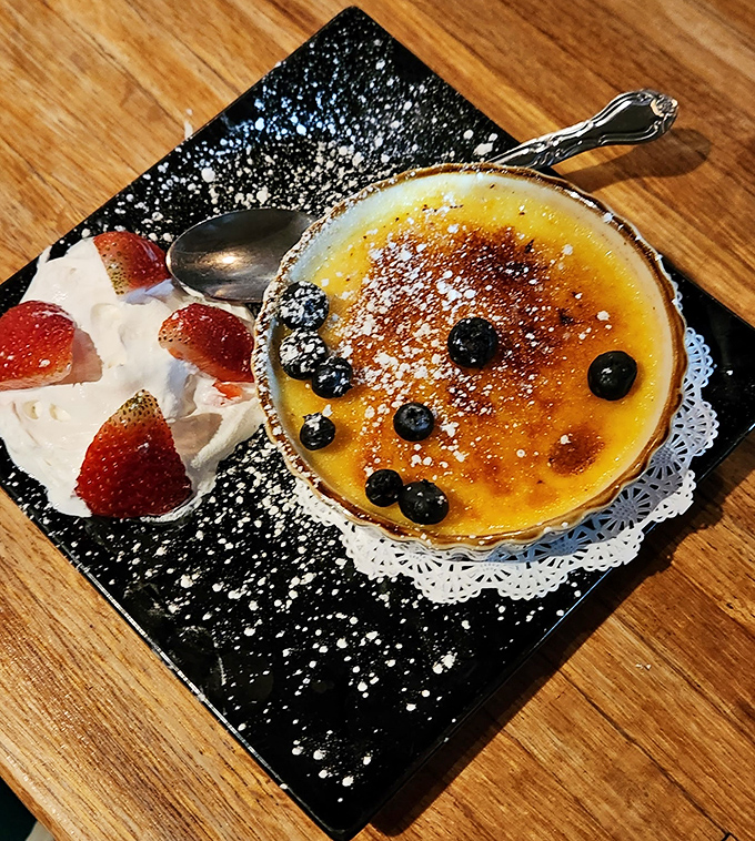 This cr&egrave;me br&ucirc;l&eacute;e's perfectly torched top cracks like thin ice on a winter pond, revealing silky custard beneath&mdash;a sweet finale worth saving room for.