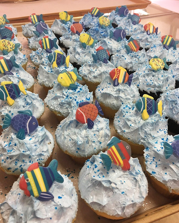 These ocean-themed cupcakes prove that whimsy has a place in traditional bakeries&mdash;each colorful fish topper swimming in a sea of blue frosting.
