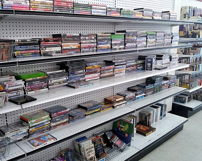 The DVD section offers a nostalgic trip through Hollywood history at prices that make streaming services seem like highway robbery.