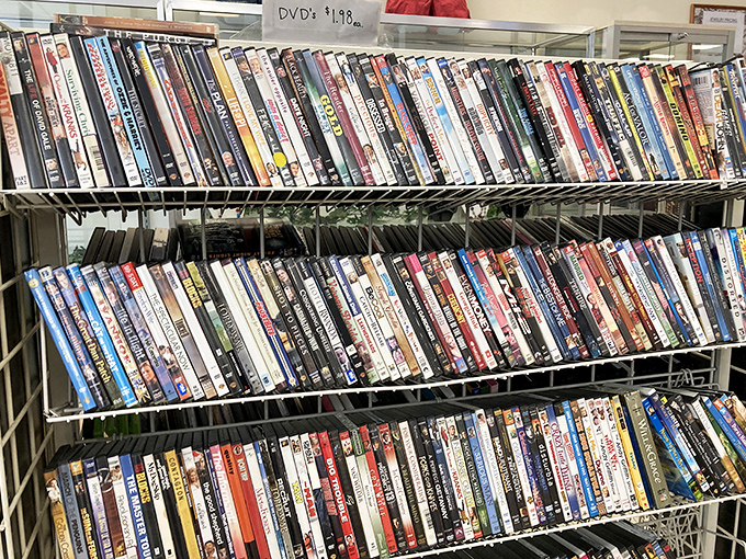 The DVD section: where physical media refuses to die. Each rack a time capsule of entertainment history, from blockbusters to those straight-to-video gems.