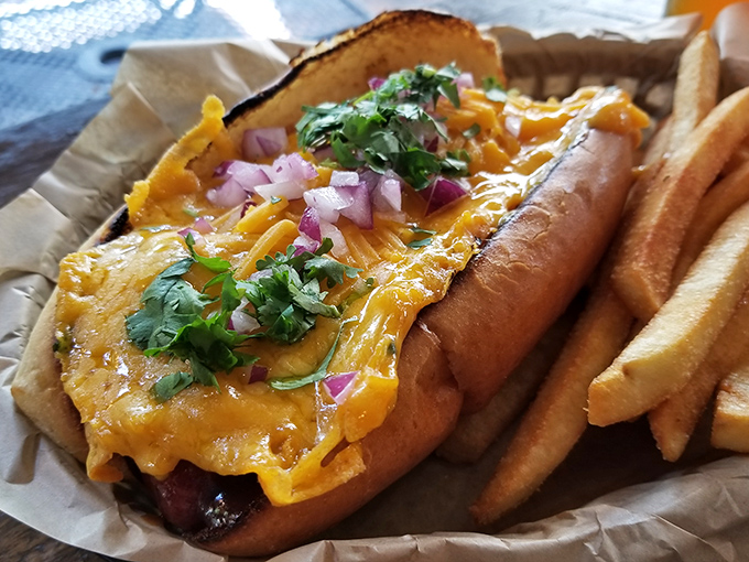 Cheese, cilantro, and perfectly caramelized onions transform this dog into something that would make even the most dedicated health nut temporarily abandon their principles.