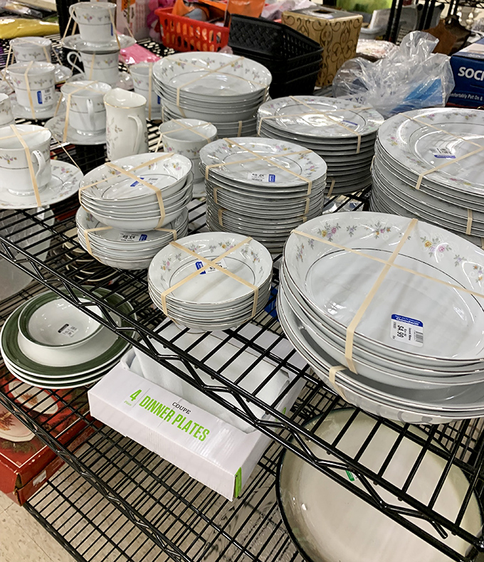 Fine china that once graced holiday tables now waits for new celebrations. These floral patterns have seen more family secrets than a therapist's notebook.
